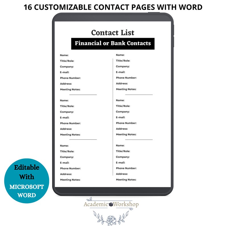 Editable Contact List Tracker, Contacts Organizer Printable ...