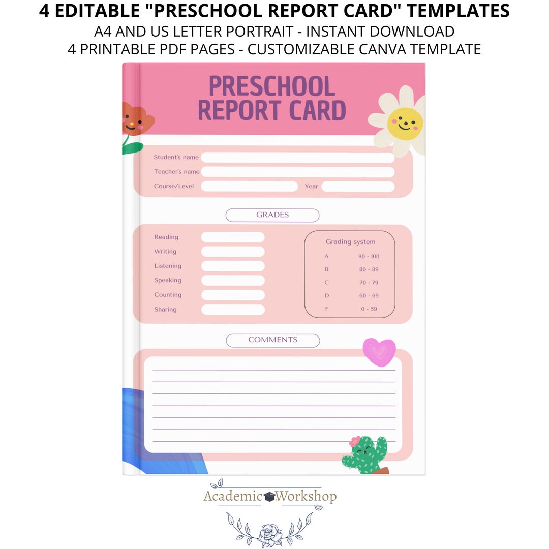 4 Editable Preschool Report Card Templates, Custom Printable Homeschool ...