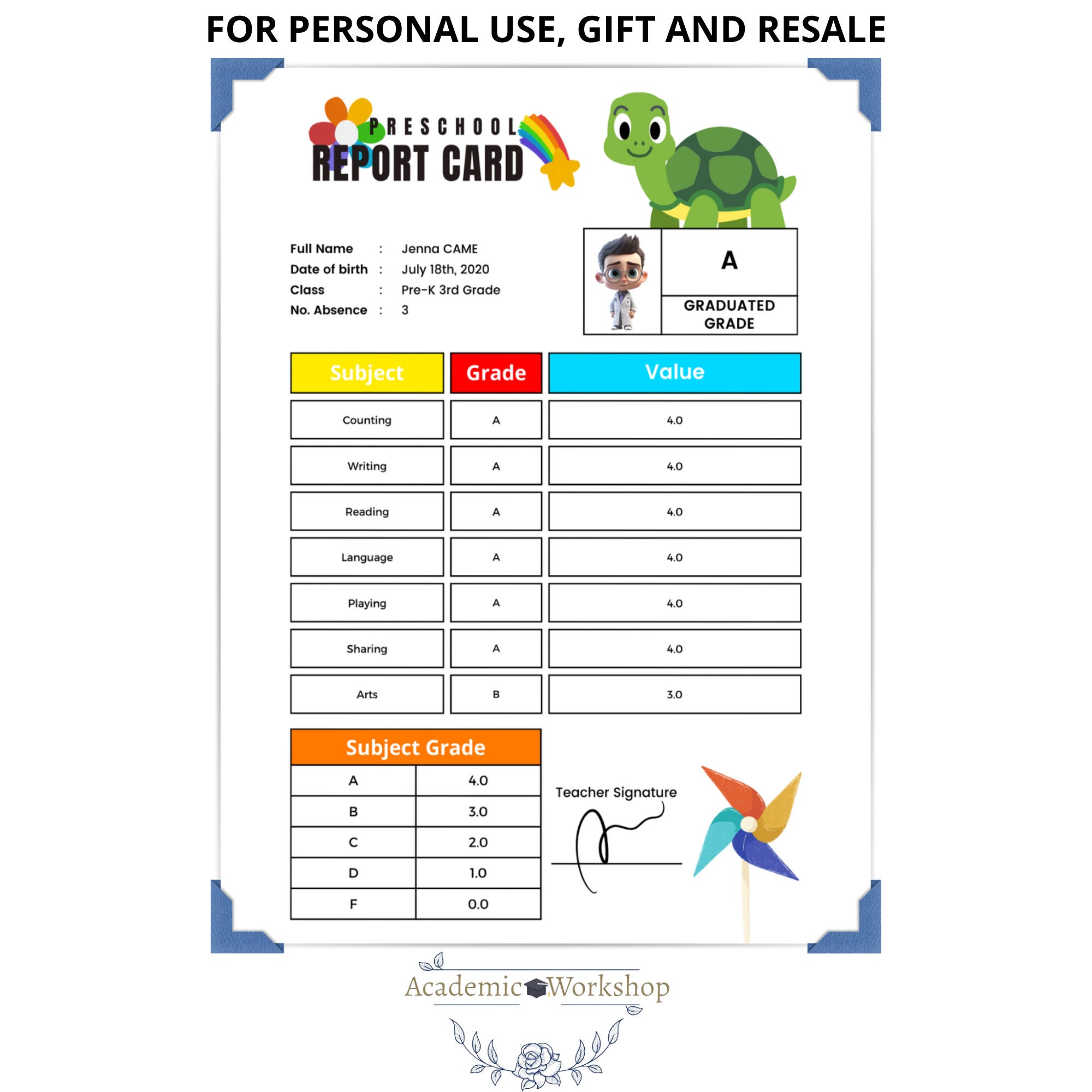 4 Editable Preschool Report Card Templates, Custom Printable Homeschool ...