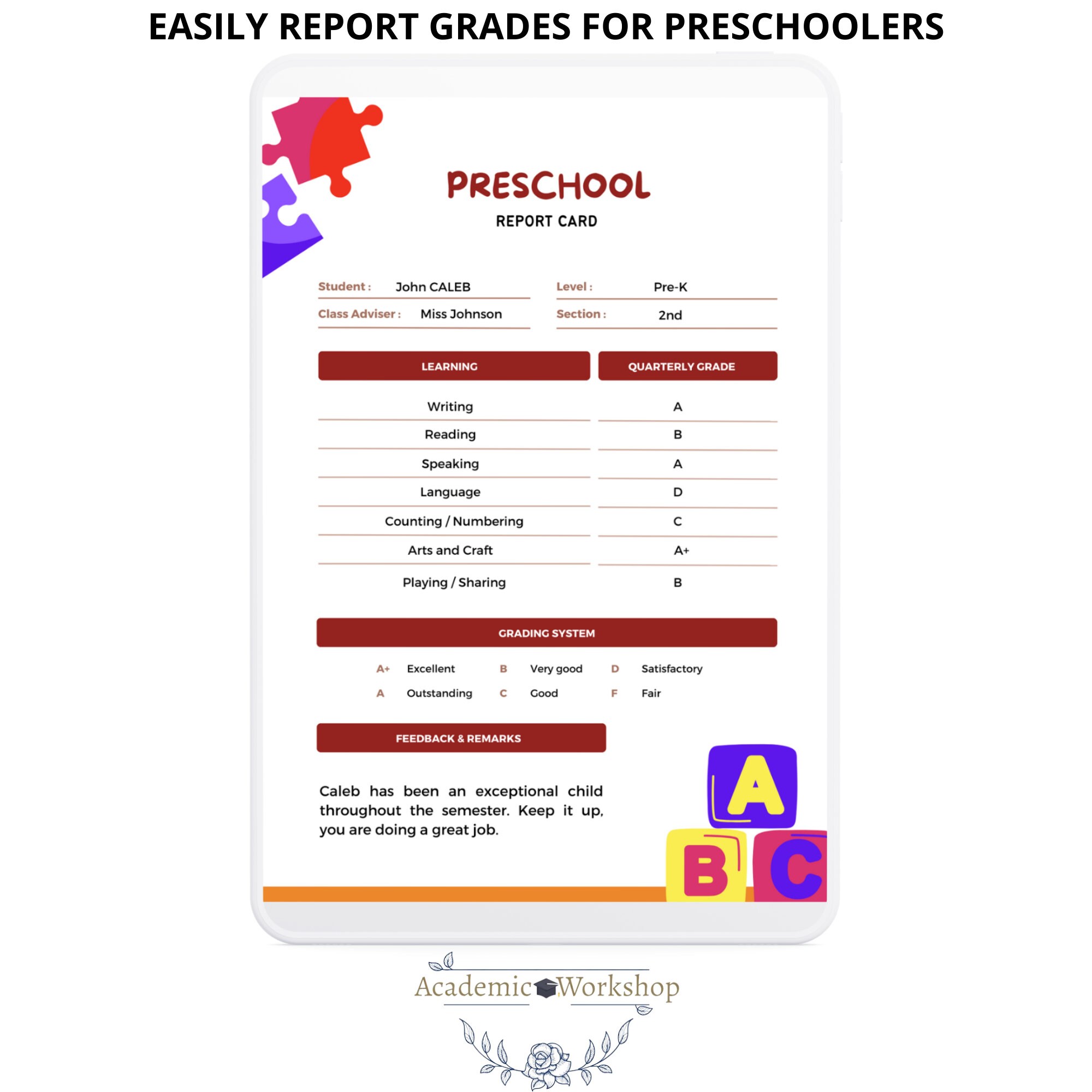 4 Editable Preschool Report Card Templates, Custom Printable Homeschool ...