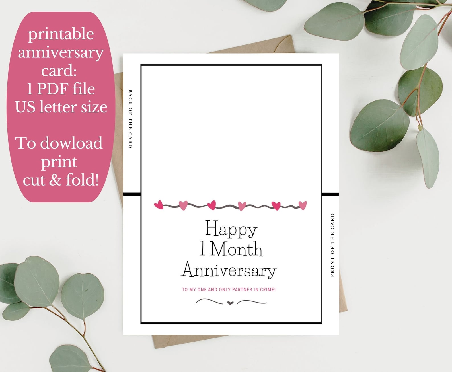 Printable 1 Month Anniversary Card Instant Download 7x5 Inch Card for ...