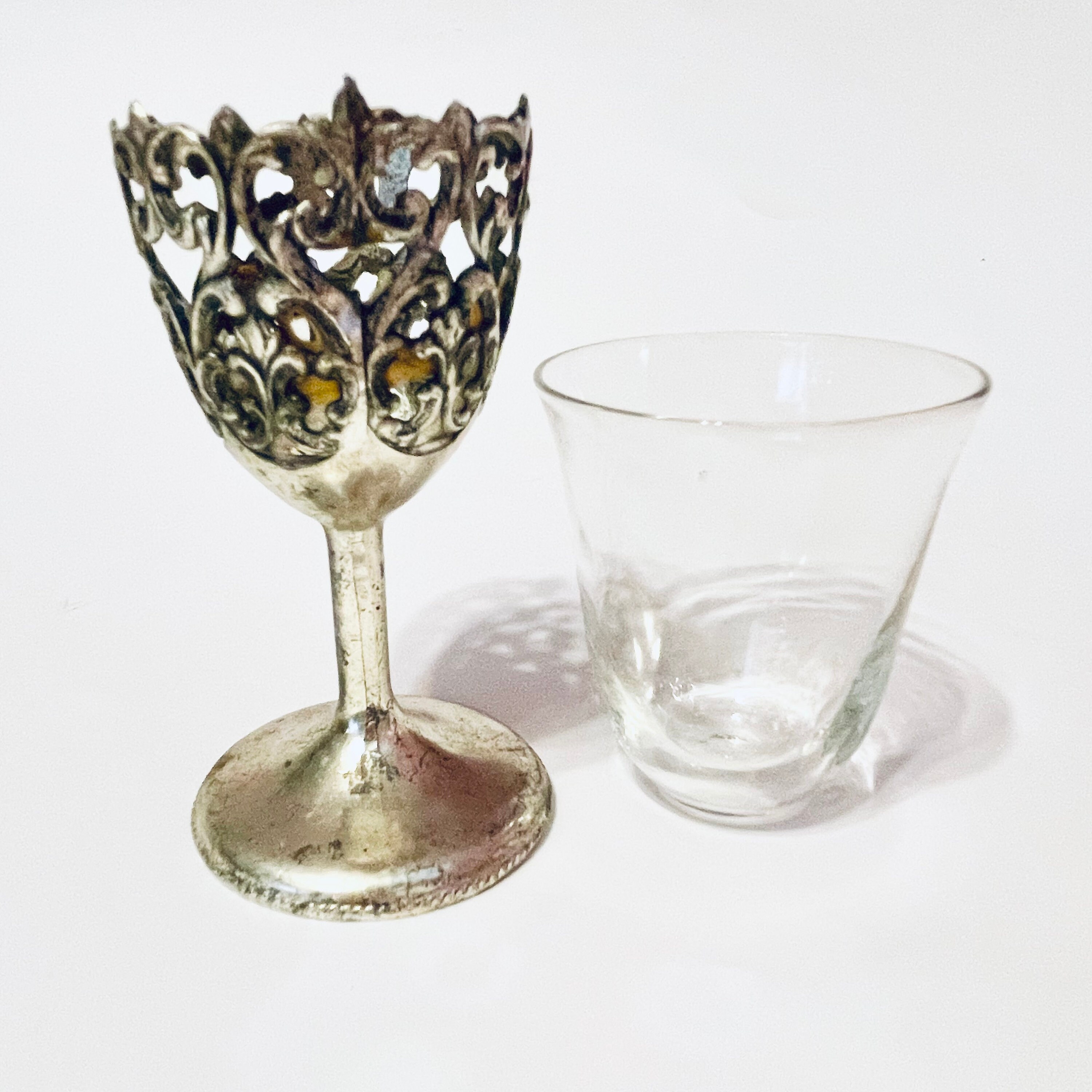 One 2 Piece Vintage 1950s Communion Glass & Silver Metal Chalice Goblet ...
