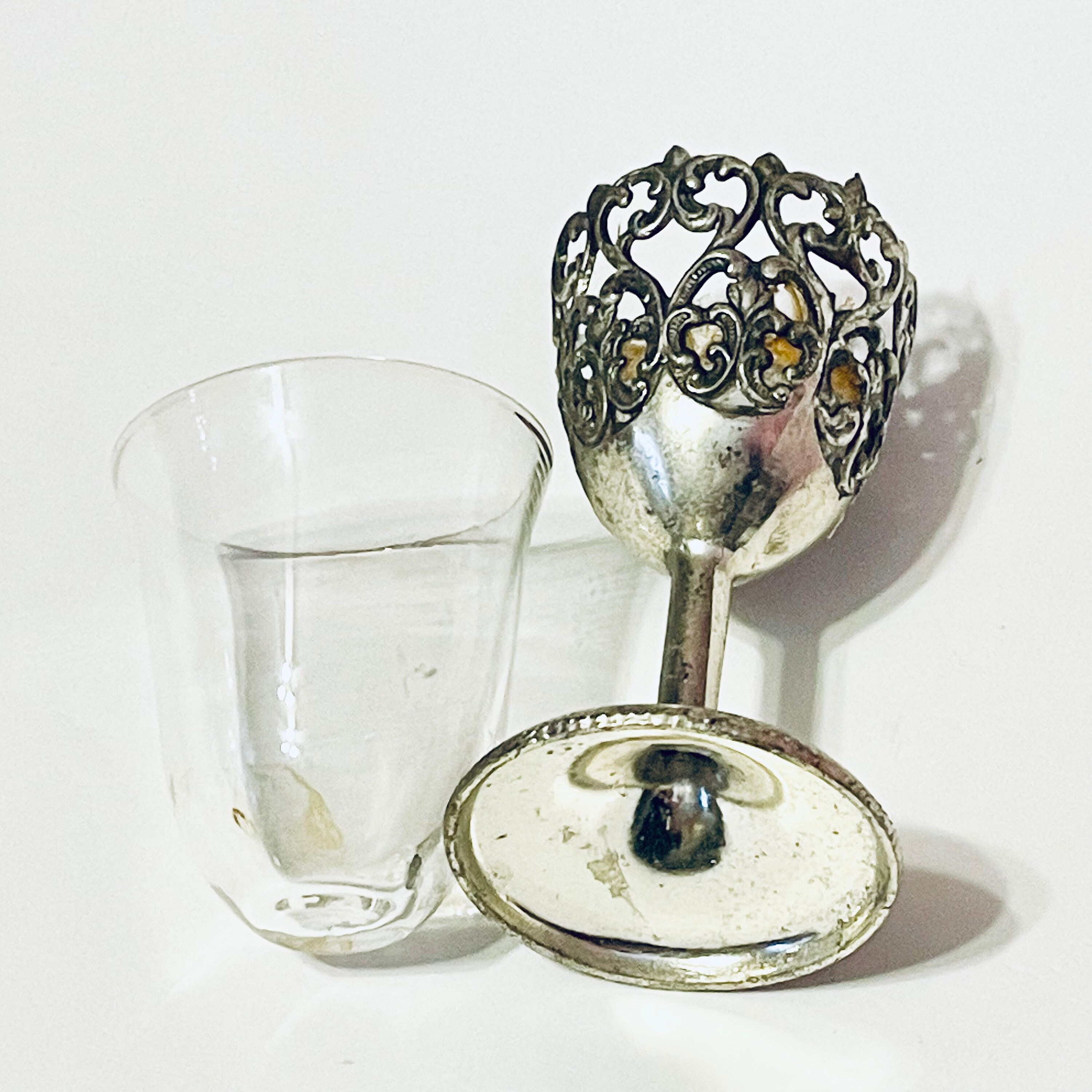One 2 Piece Vintage 1950s Communion Glass & Silver Metal Chalice Goblet ...