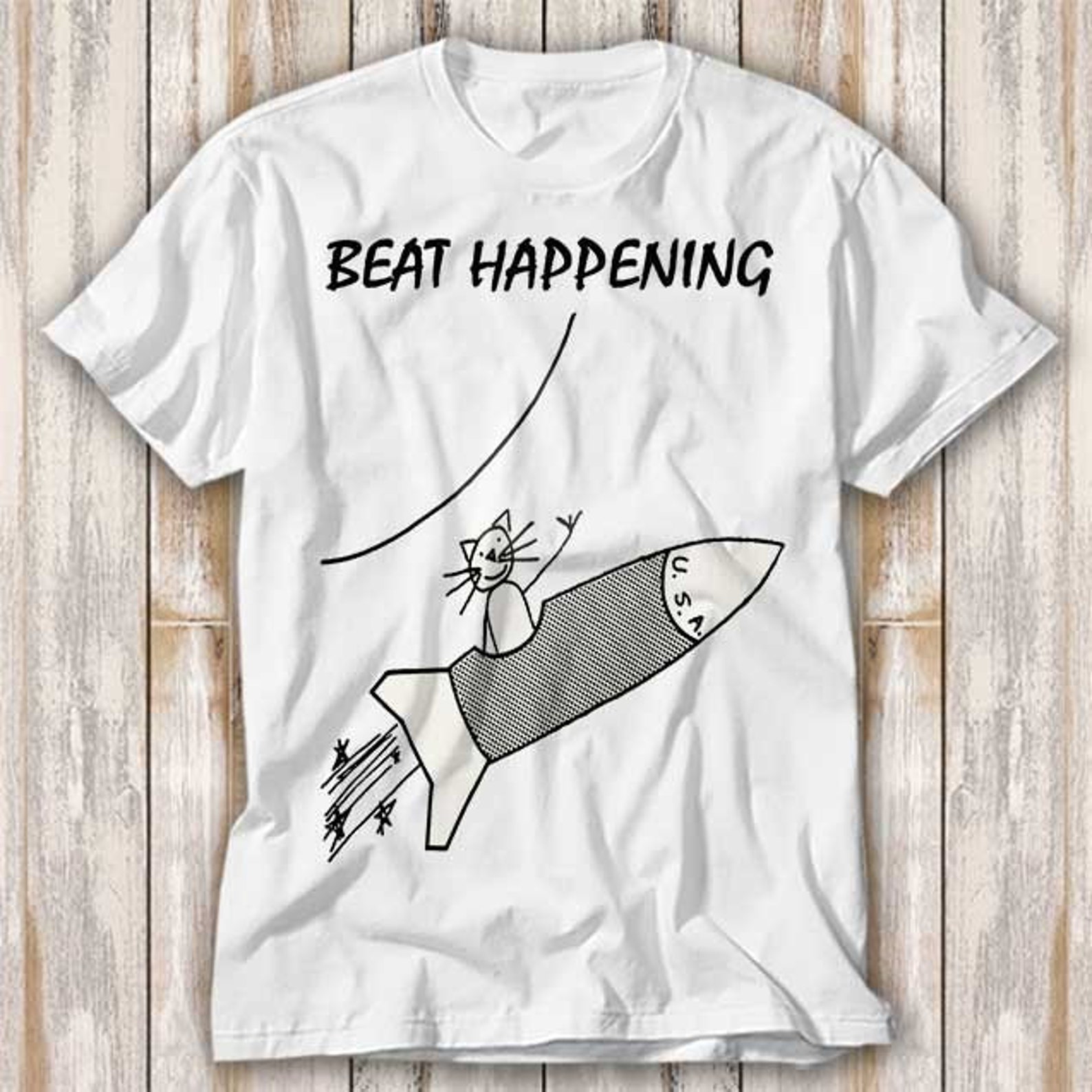 Beat Happening Cat and Rocket Rock T Shirt Best Seller Funny Movie Gift ...