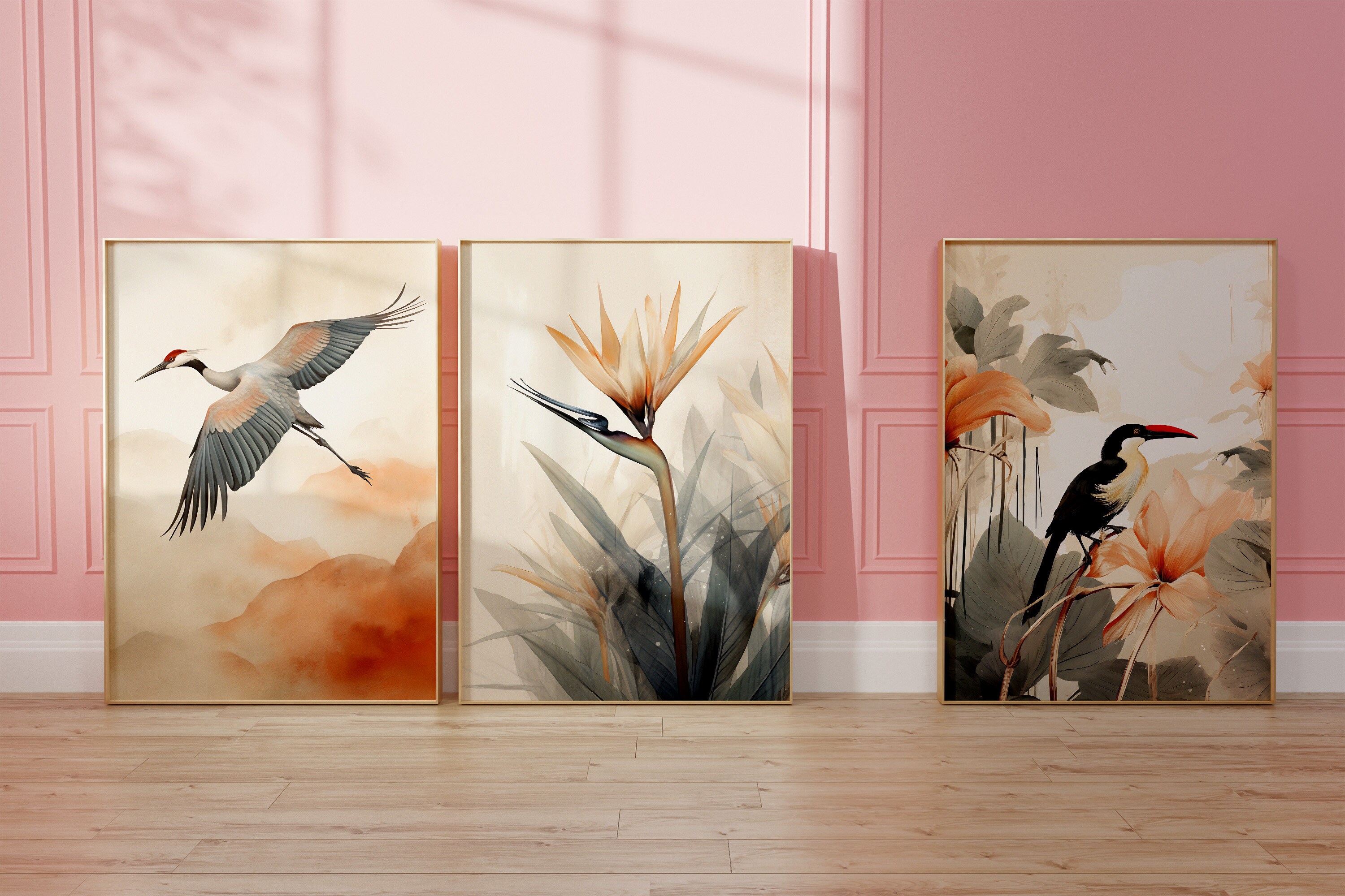 Set of 3 Digital Download Prints Japanese Crane & Birds of Paradise ...