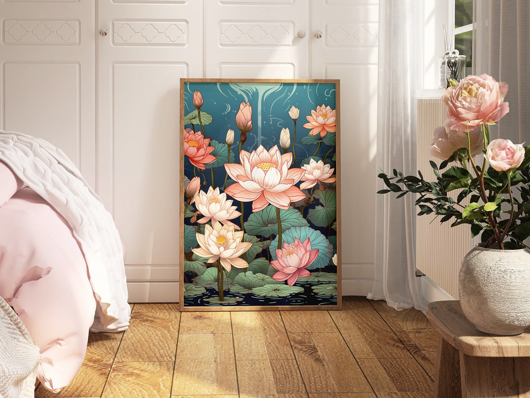 Lotus Flower Wall Art Print | Japanese Lotus Art Illustration | Lotus ...