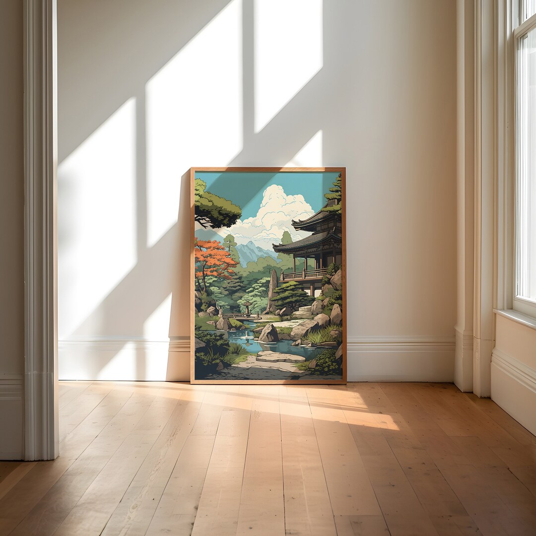 Japan Illustration Poster Print | Zen Garden Print | Japan Countryside ...