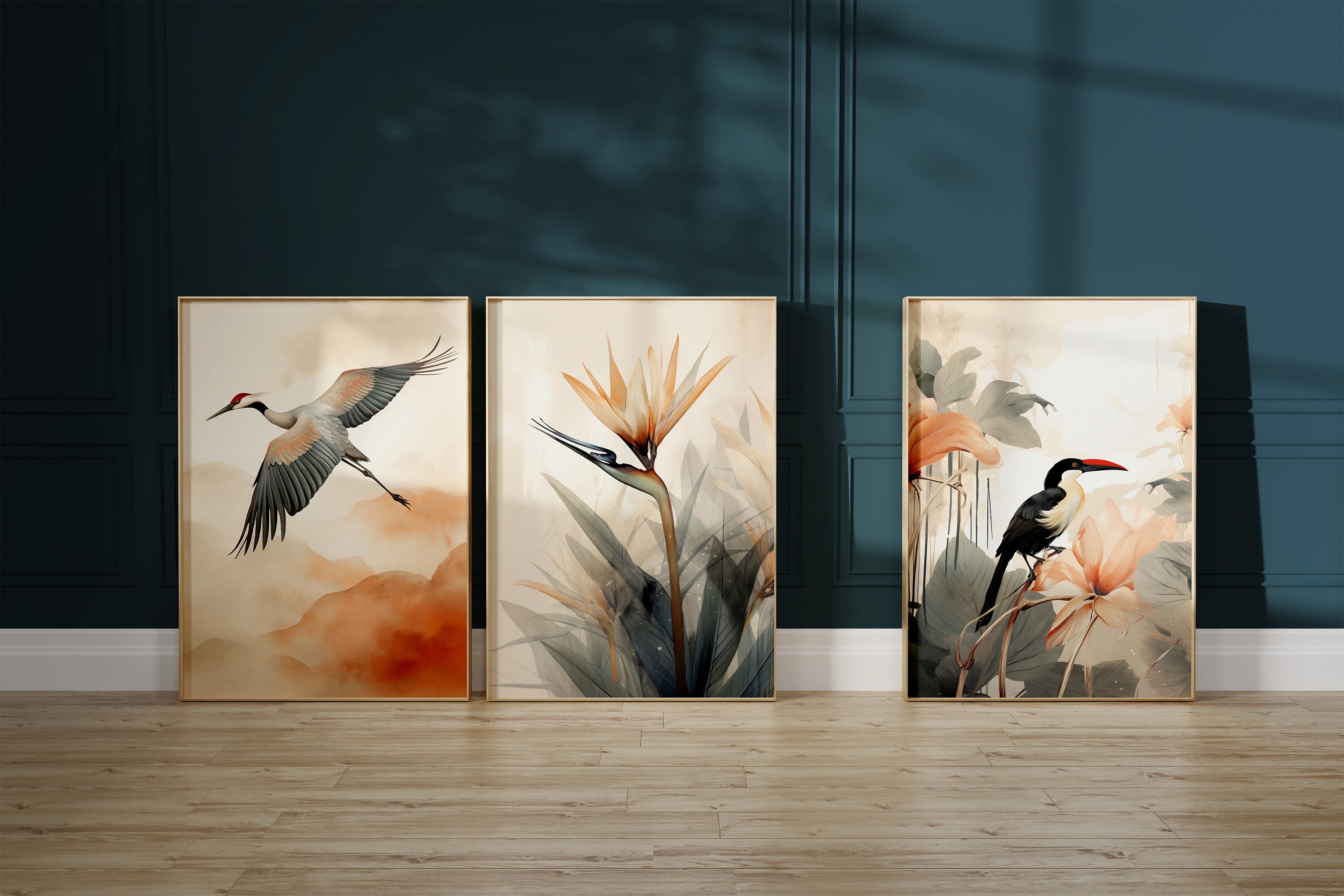 Set of 3 Digital Download Prints Japanese Crane & Birds of Paradise ...