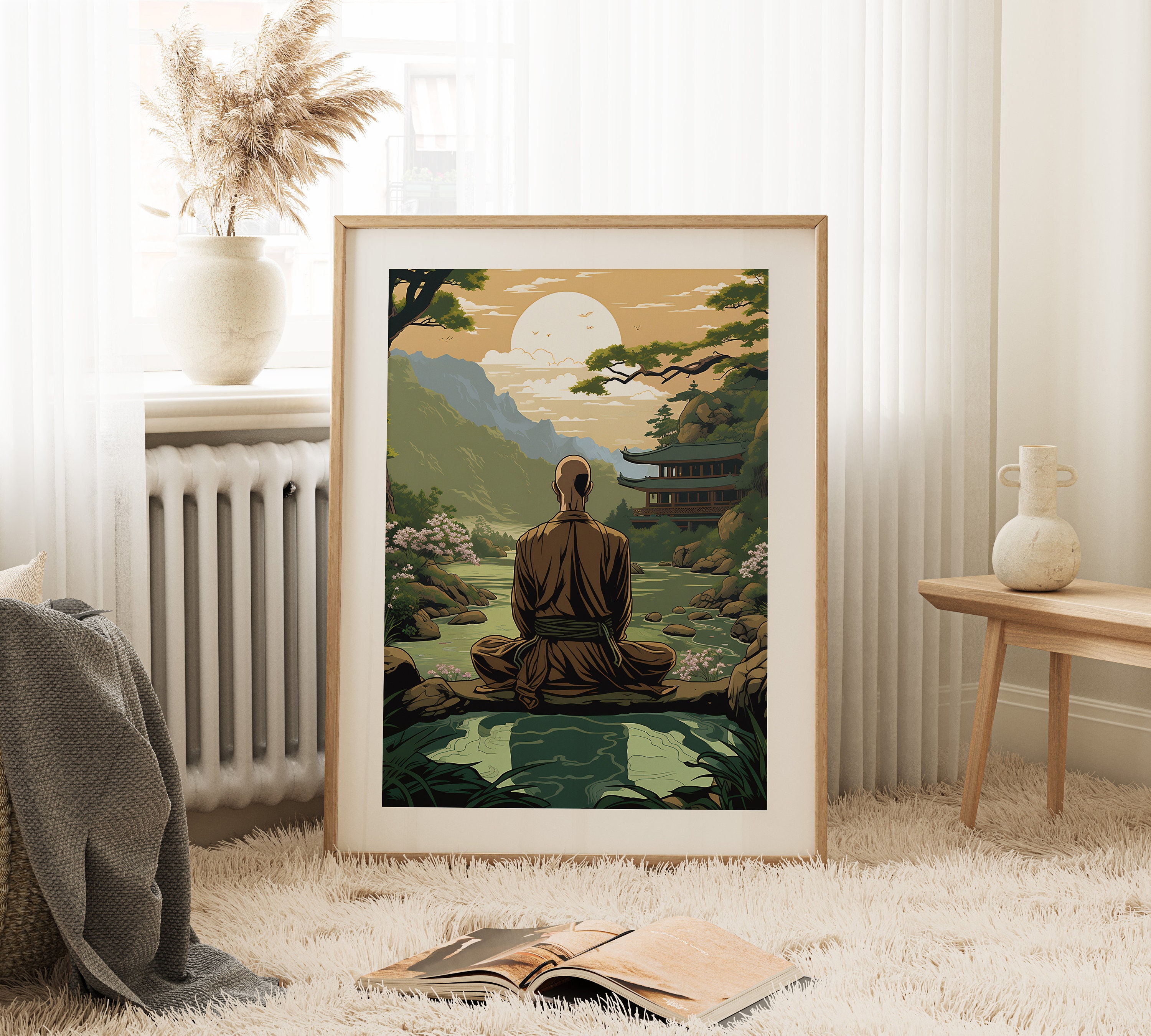 Meditating Monk Print Ukiyo-e Inspired Zen Garden Peaceful - Etsy