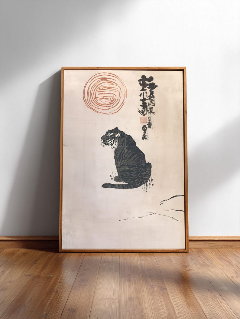 Japanese Tiger Print, Vintage Ink Block Wall Art With Red Seal, Digital ...