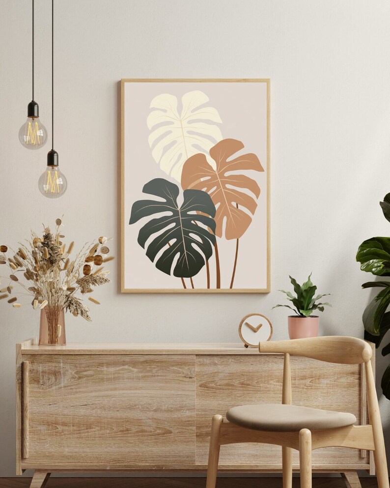 Monstera Leaves Poster, Minimalist Illustration, Scandinavian Decor ...
