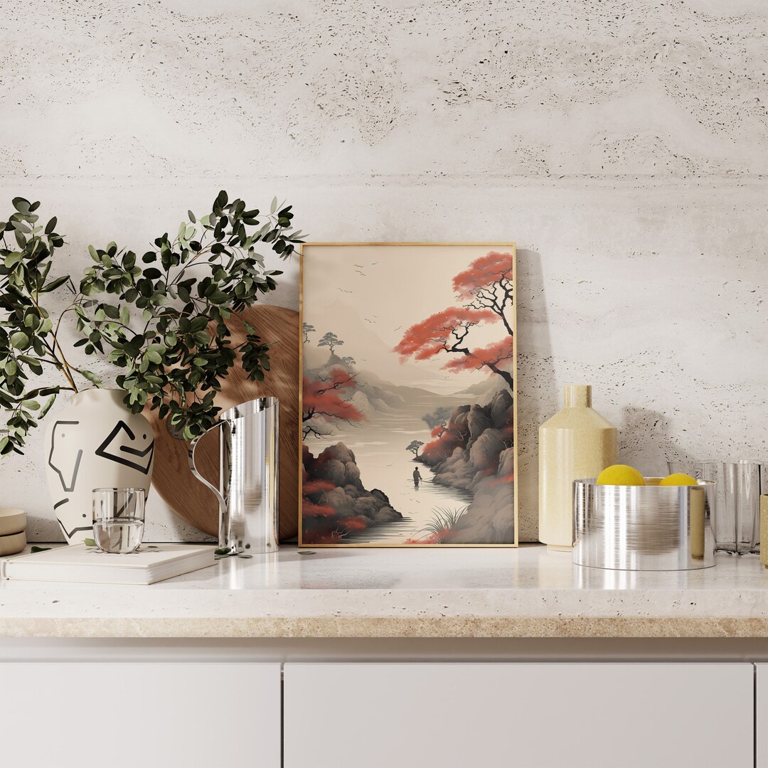 Japanese Ink Print | Ukiyo-e Inspired Haiku Scene | Minimalistic Red ...