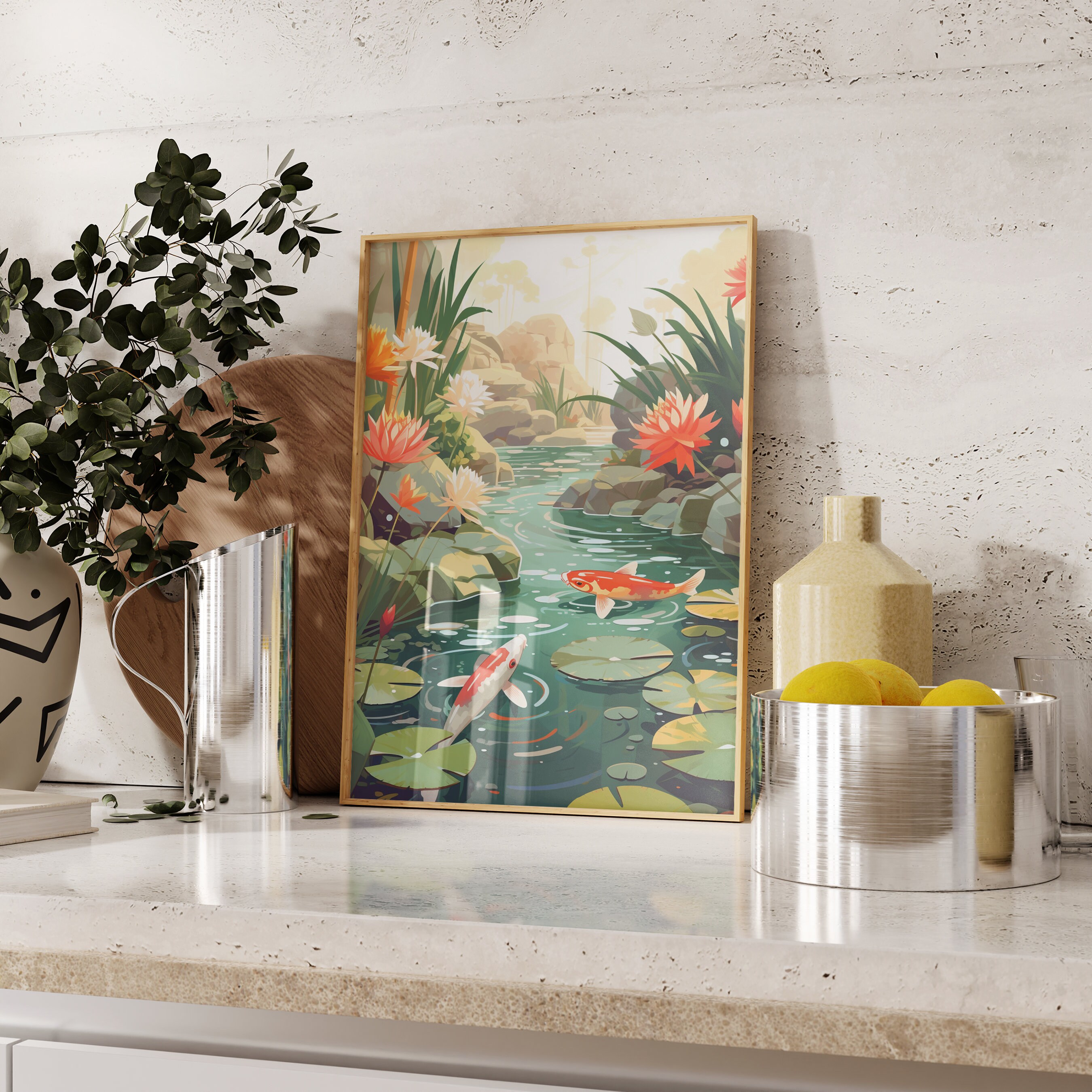 Traditional Japanese Garden Poster Koi Pond Art Harmony in - Etsy