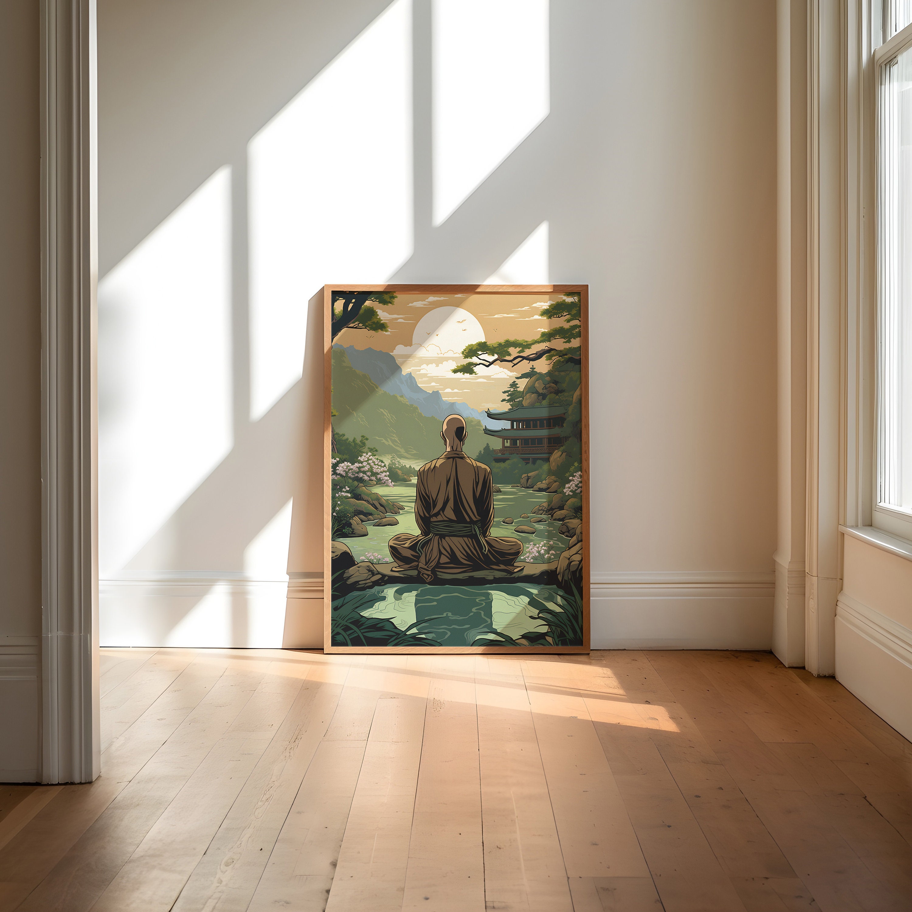 Meditating Monk Print Ukiyo-e Inspired Zen Garden Peaceful - Etsy