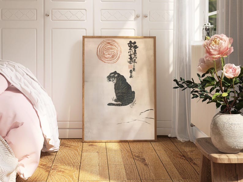 Japanese Tiger Print, Vintage Ink Block Wall Art With Red Seal, Digital ...