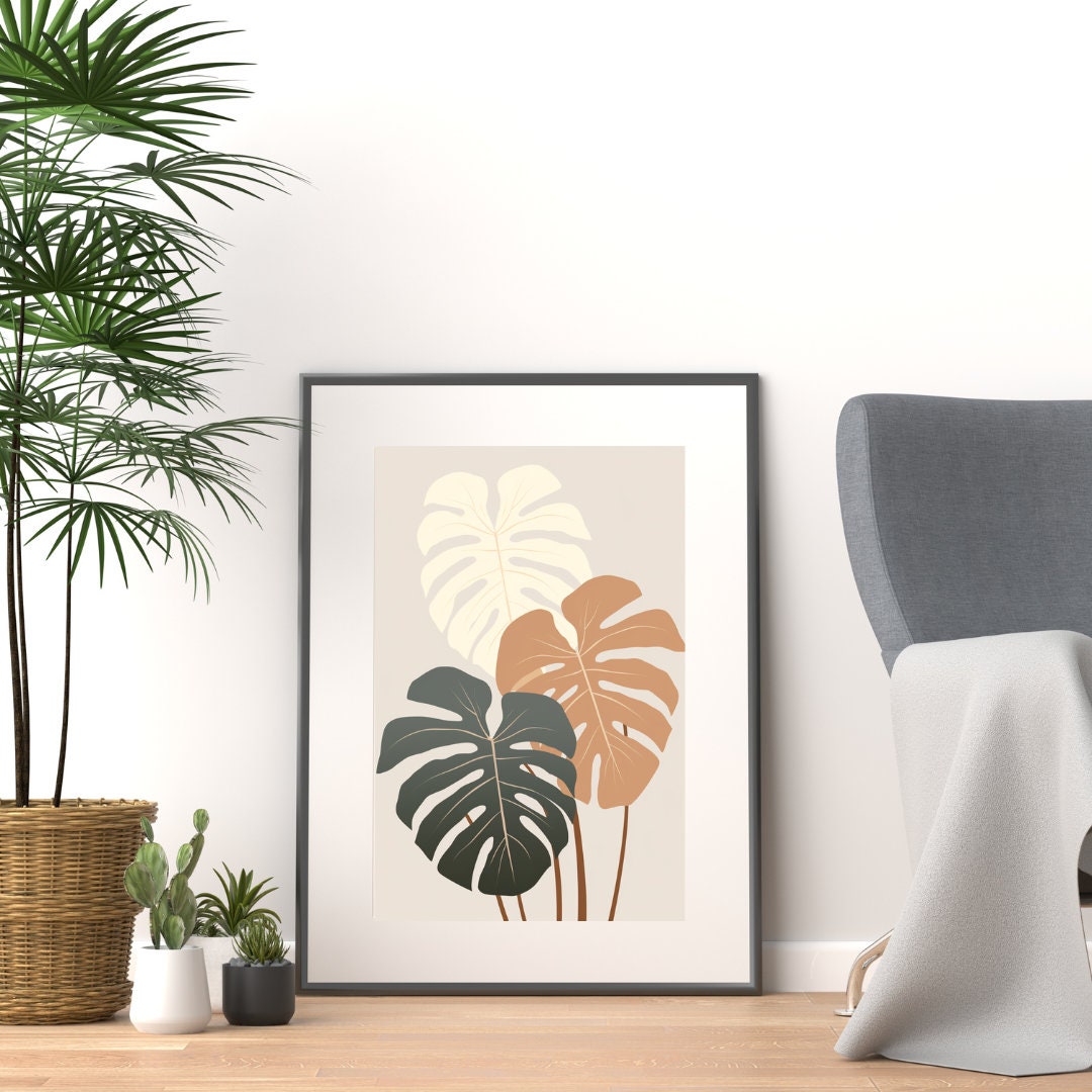 Monstera Leaves Poster, Minimalist Illustration, Scandinavian Decor ...