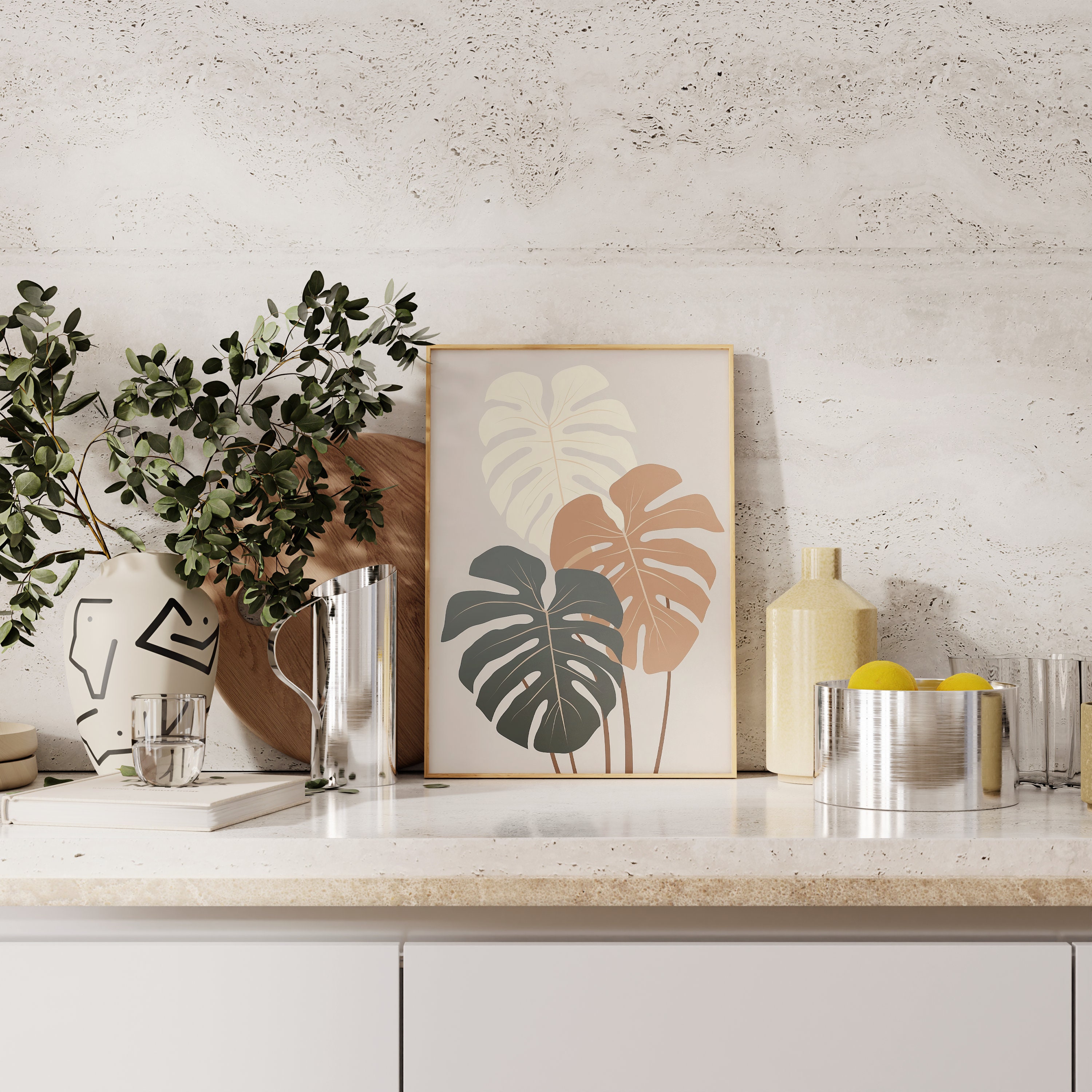 Monstera Leaves Poster, Minimalist Illustration, Scandinavian Decor ...