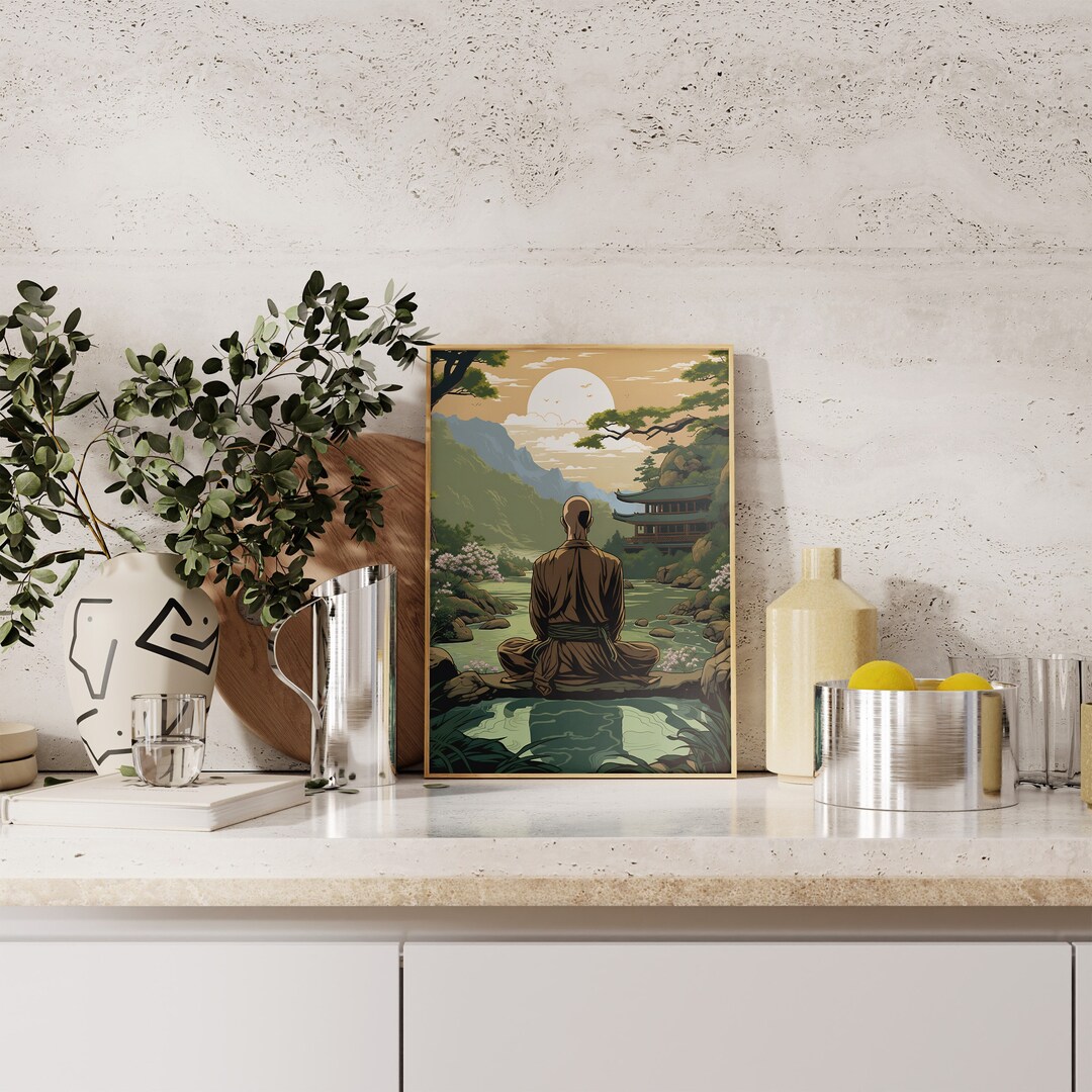 Meditating Monk Print | Ukiyo-e Inspired Zen Garden | Peaceful ...