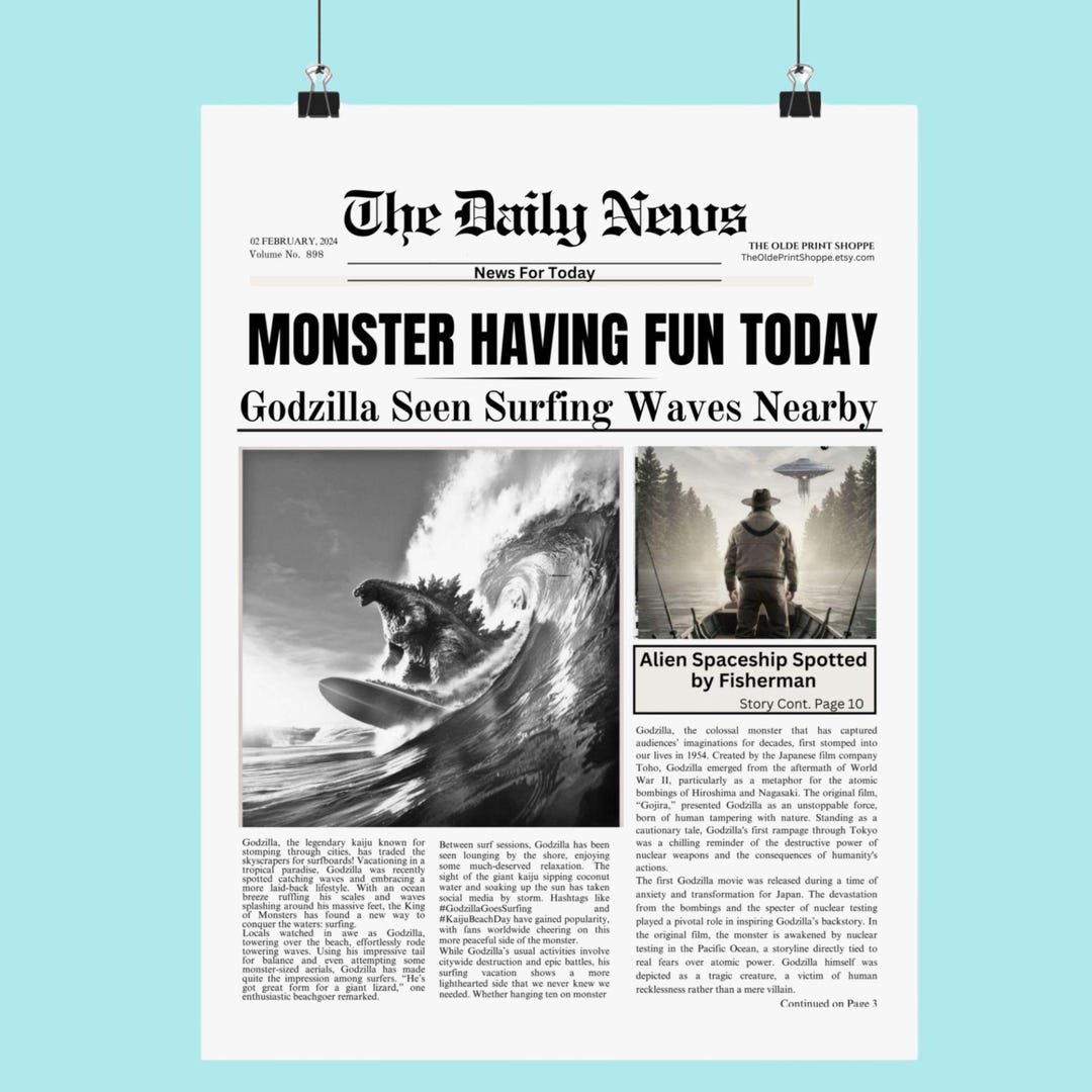 Godzilla Surfing Newspaper Print: Monster Having Fun Poster - Etsy
