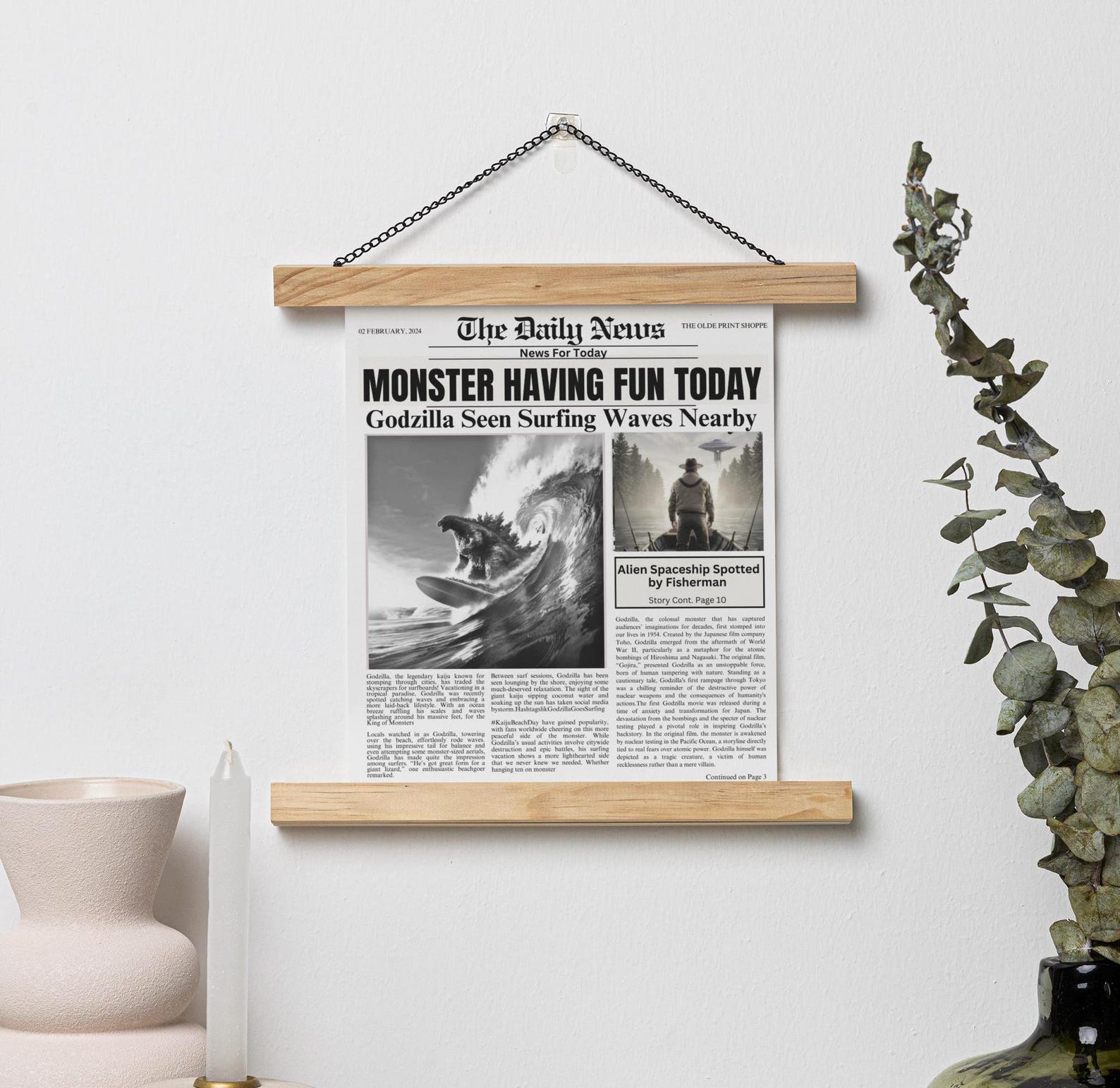 Godzilla Surfing Newspaper Print: Monster Having Fun Poster - Etsy