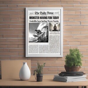 Godzilla Surfing Newspaper Print: Monster Having Fun Poster - Etsy