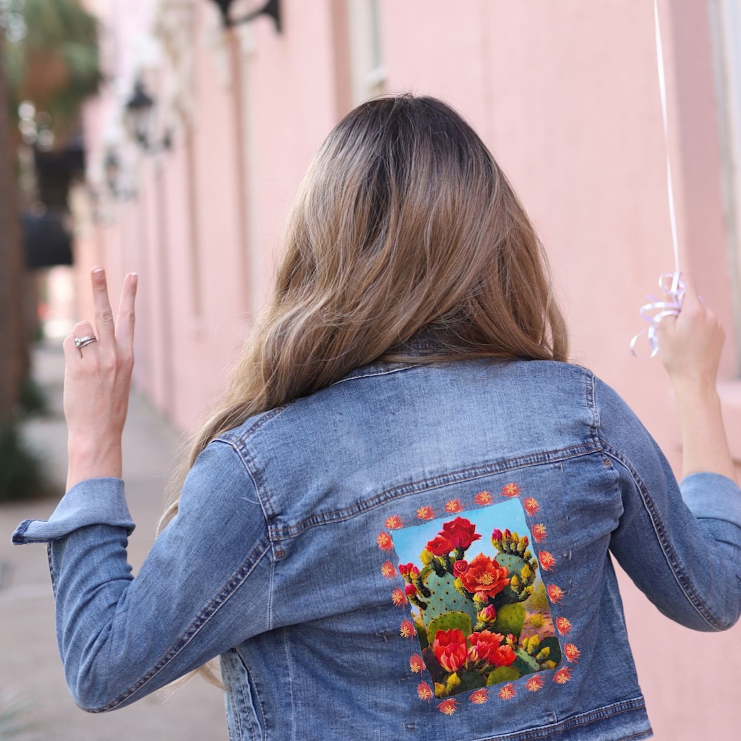 Cactus Flower Denim Jacket, Red and Yellow Flowers, Gift for Anyone ...
