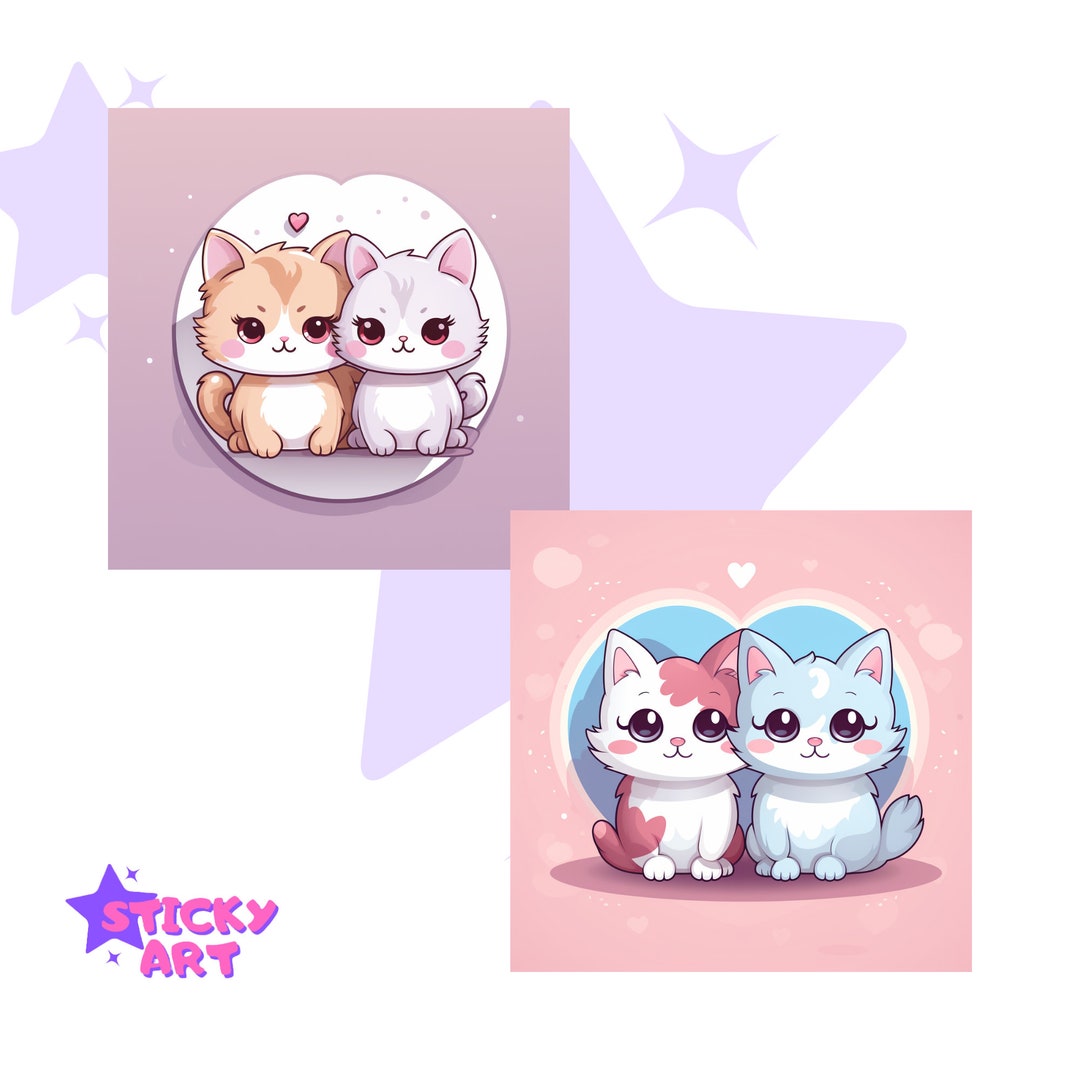 Cat Stickers, Set of 2 Cat Stickers, Multicolor Cat Couple Sticker Set ...