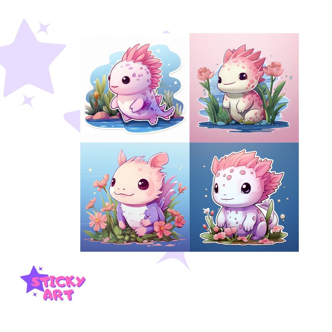Pack of 4 Multicolored Axolotl Stickers, With Colored Background ...