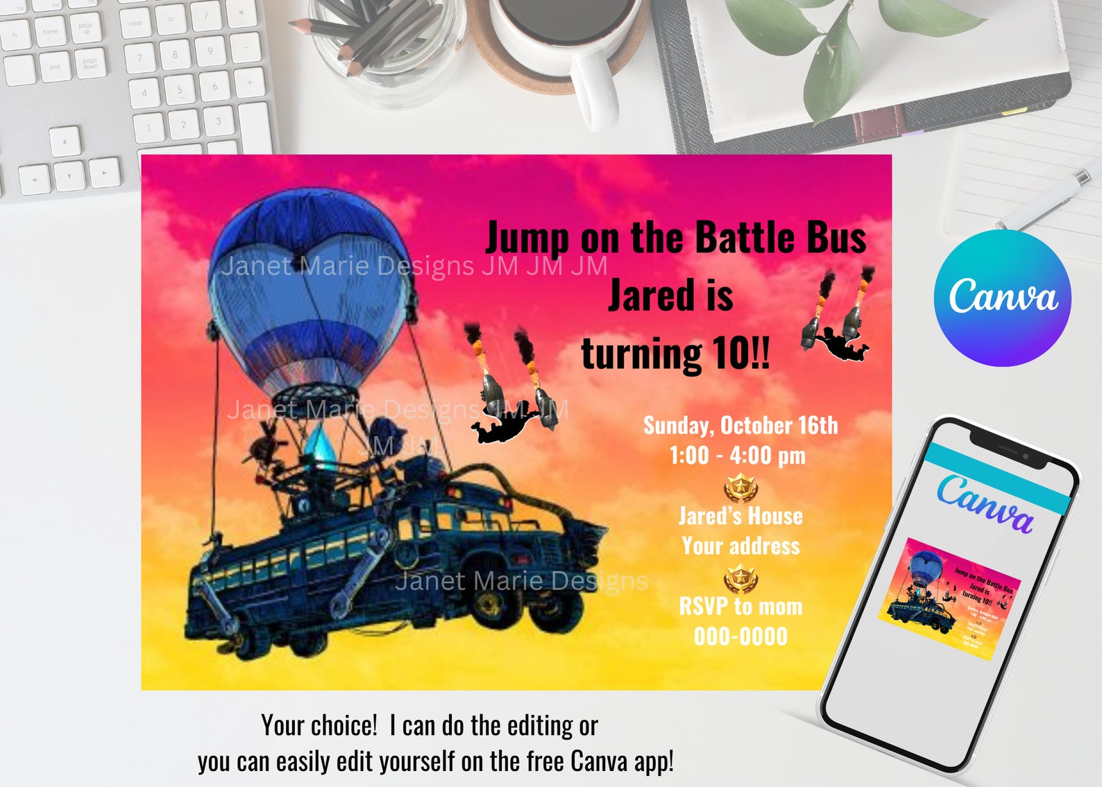 Editable Flying Bus Battle Glider Kids Invitation ~ Fort Game Birthday ...