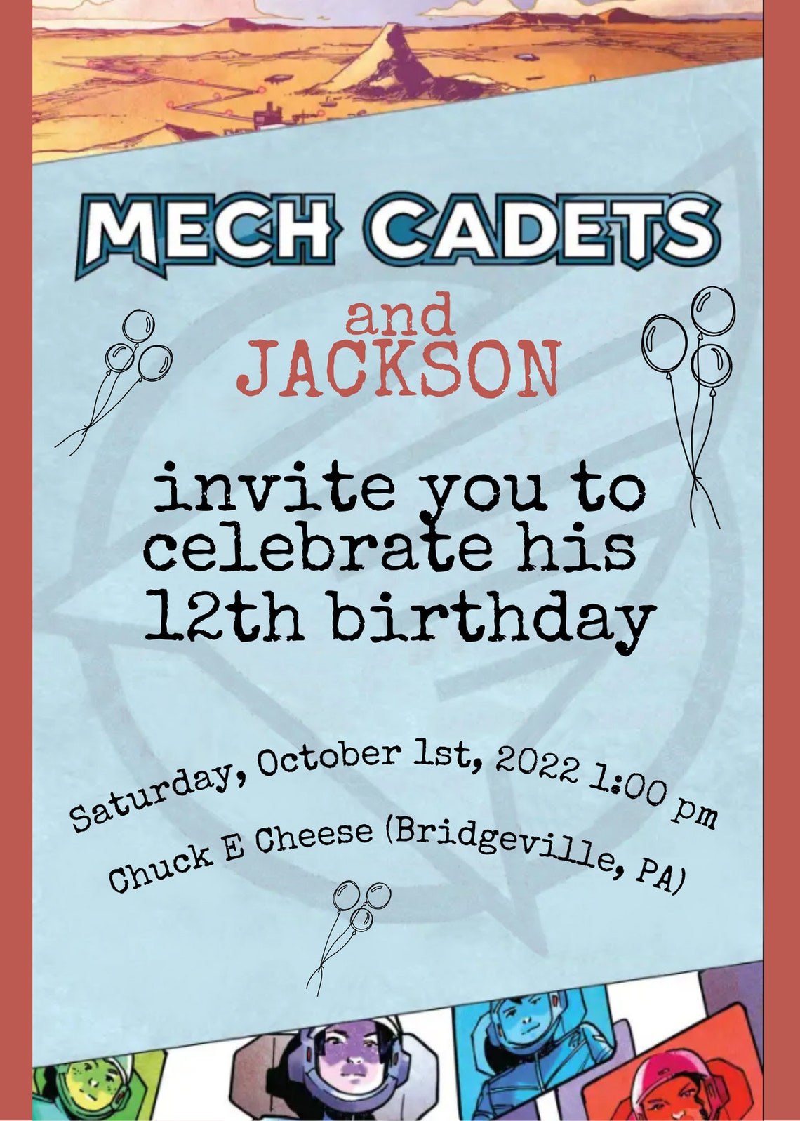 Editable Mech Cadets Kids Birthday Invitation ~ Theme Birthday Invite ...