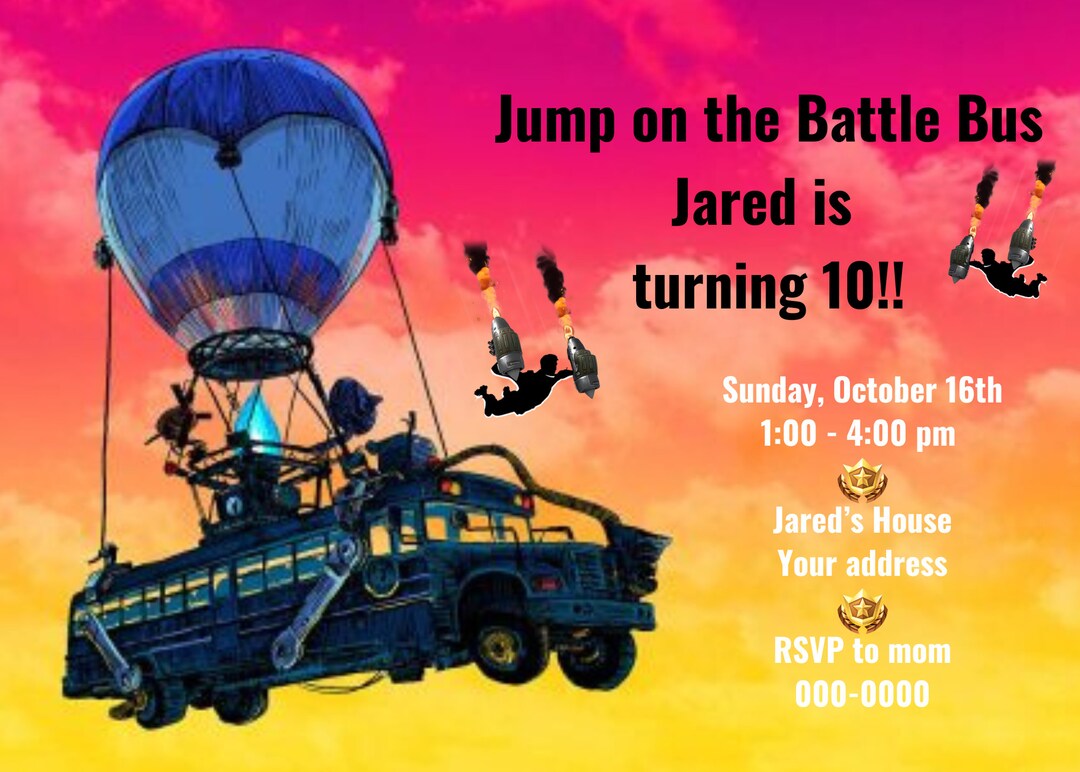 Editable Flying Bus Battle Glider Kids Invitation ~ Fort Game Birthday ...