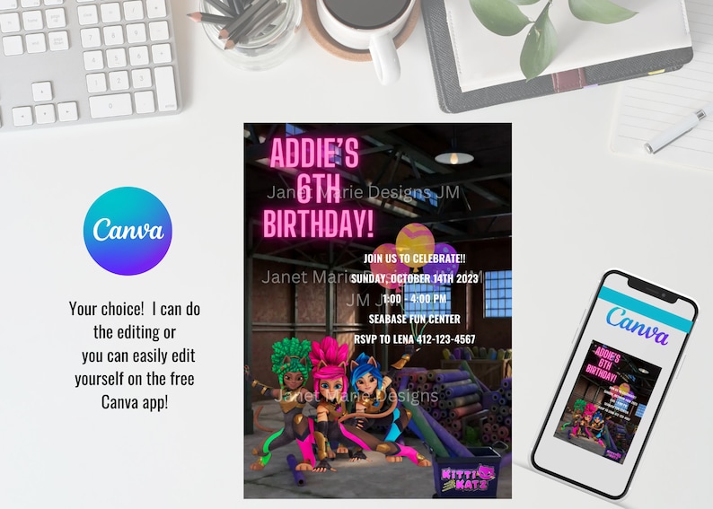 Editable Kitti Katz Kids Birthday Invitation ~ Netflix Theme Birthday ...