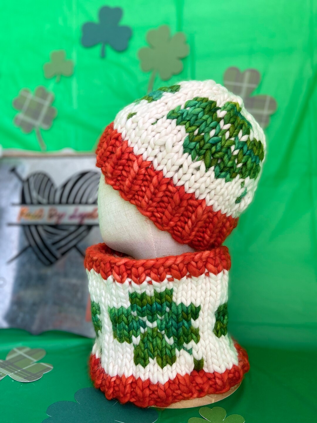 Shamrock Merino Wool Hat & Cowl Set Green Orange White Gift St. Patrick ...