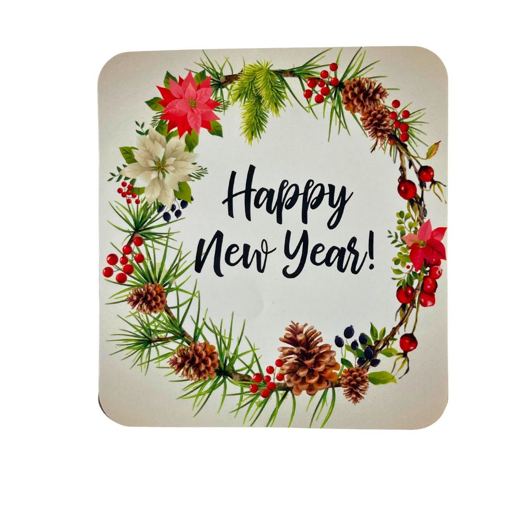 Square Happy New Year Label With Wreath Design - 4.25" Beverage Label ...