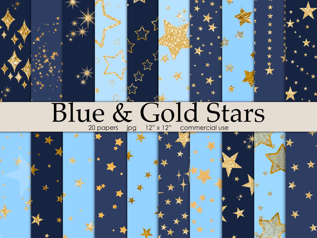 Blue and Gold Stars Digital Paper Metallic Gold Glitter and - Etsy