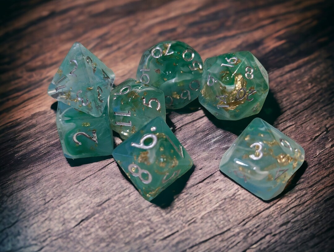 Green Blue Resin Full Set Dnd Dice Roleplay D20 Swirls With Gold Foil ...