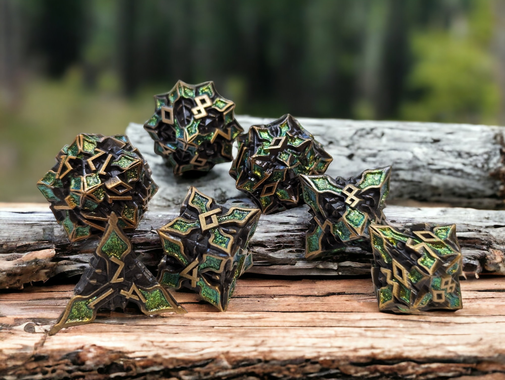 Green Forest Rune Metal Dice Set Dnd Roleplay D20 Spiky Dice Ancient ...
