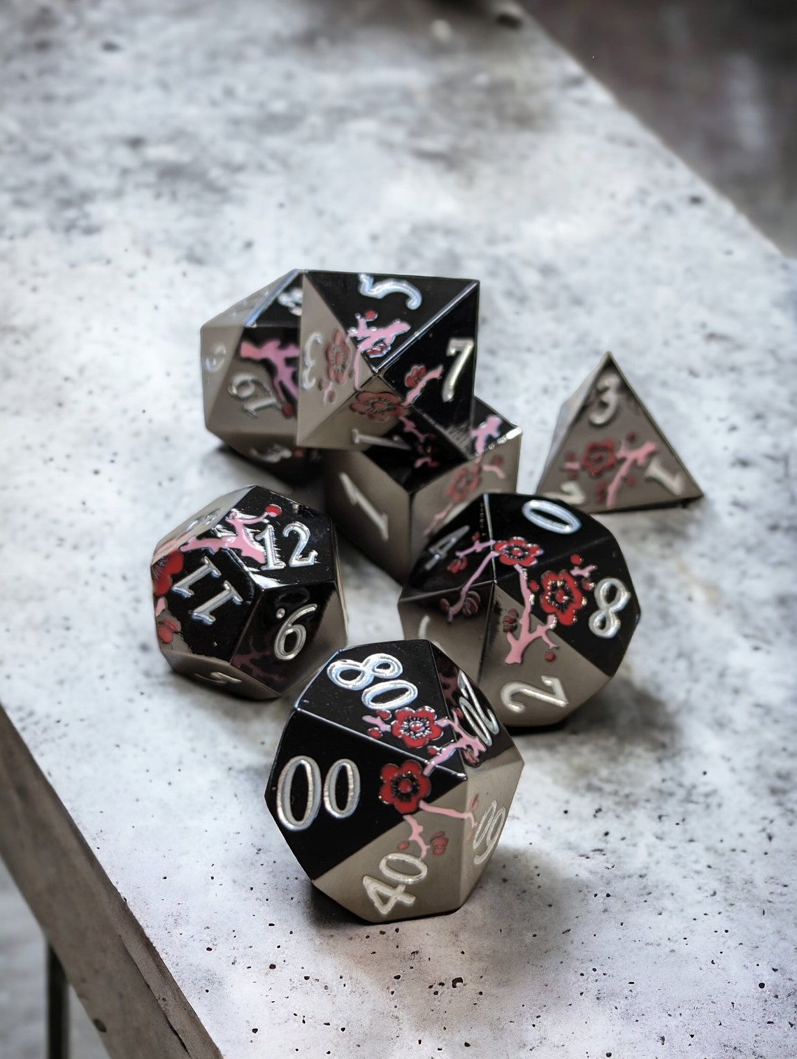 Black Metal Dice With Japanese Cherry Blossoms Dnd Roleplay D20 Full ...
