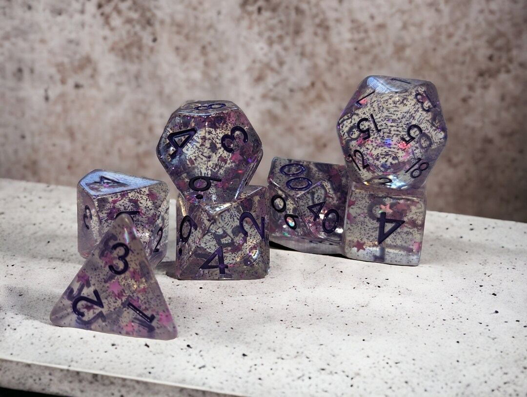 Translucent Purple Glitter Stars Acrylic Full Set Dnd Dice Roleplay D20 ...
