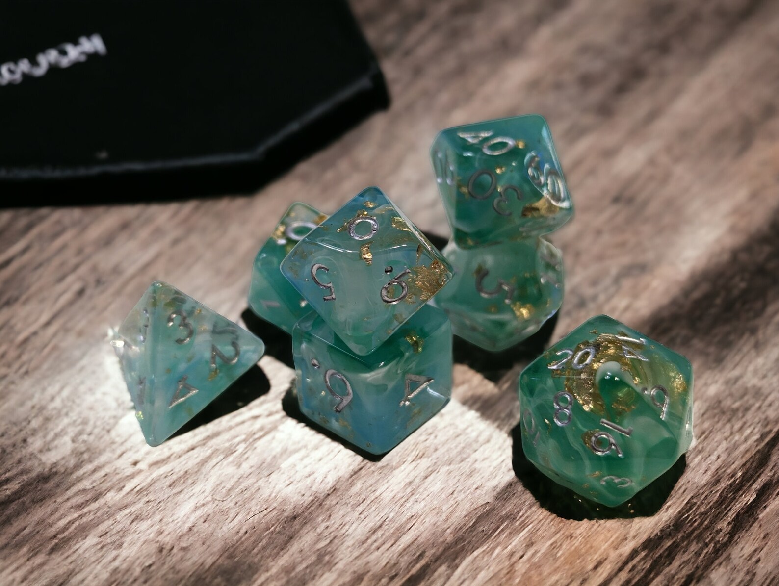 Green Blue Resin Full Set Dnd Dice Roleplay D20 Swirls With Gold Foil ...
