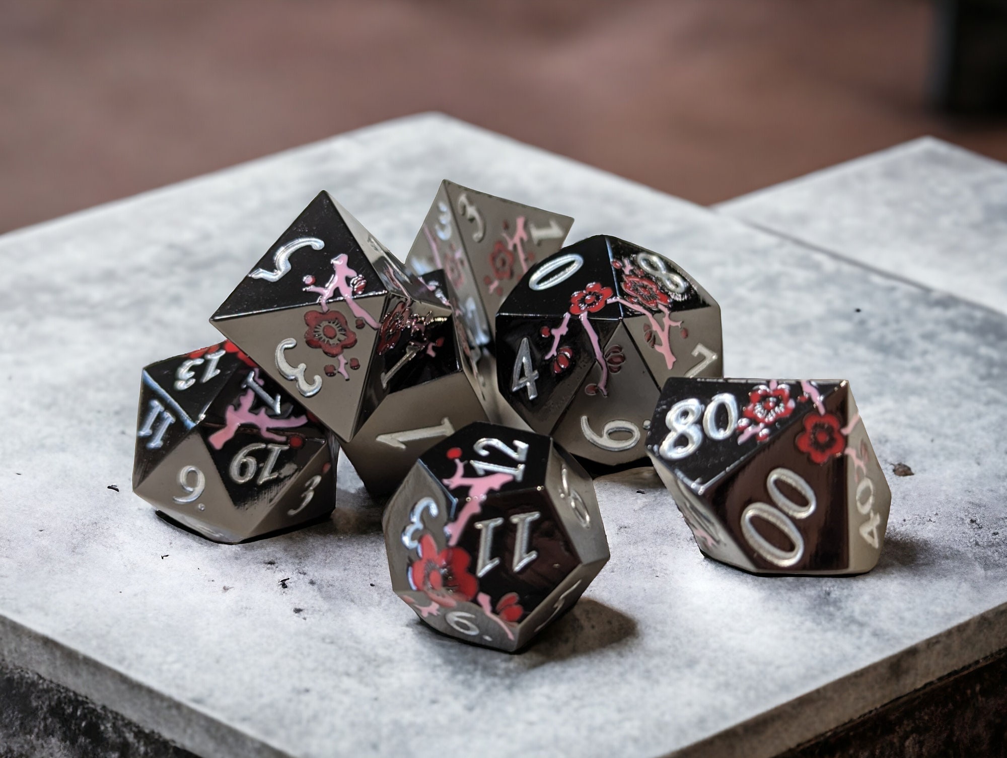 Black Metal Dice With Japanese Cherry Blossoms Dnd Roleplay D20 Full ...