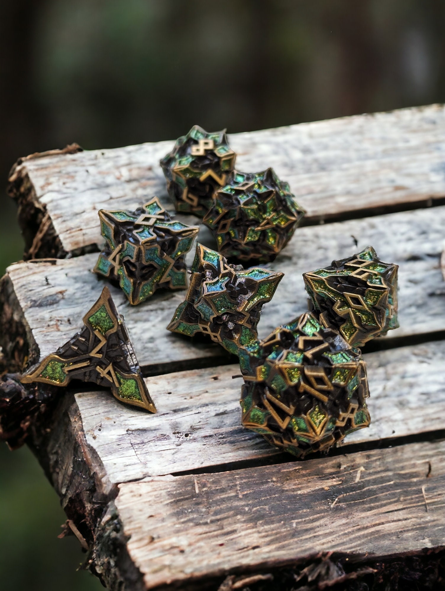 Green Forest Rune Metal Dice Set Dnd Roleplay D20 Spiky Dice Ancient ...
