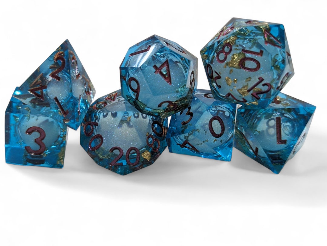 Oceans Treasure Liquid Core Dice Set Blue Resin Magenta Numbering Sharp ...