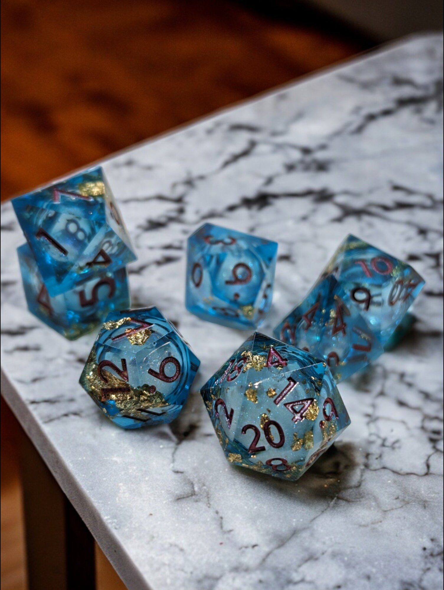 Oceans Treasure Liquid Core Dice Set Blue Resin Magenta Lettering Sharp ...