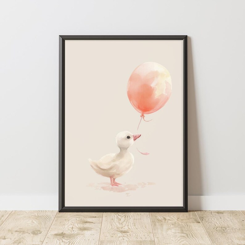Baby Duck With Balloon Art, Whimsical Duck Painting, Bird Wall Decor ...