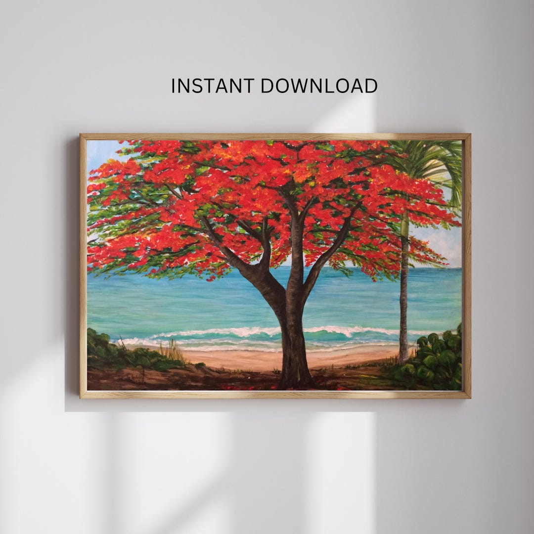 Caribbean Beach Art Print: Flamboyant Tree, Tropical Island (digital ...