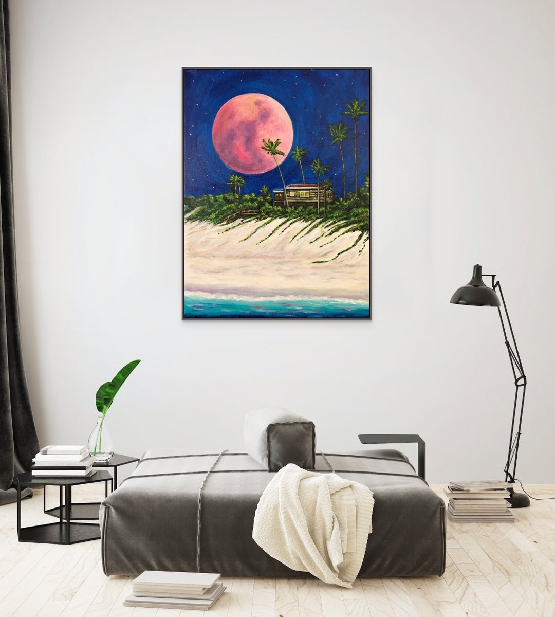 Pink Full Moon Beachscape Acrylic Painting on Canvas Coastal Wall Art ...