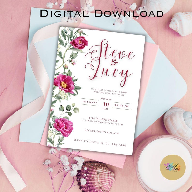Peonies Wedding Invitation Template, Burgundy, Magenta, Floral (digital ...