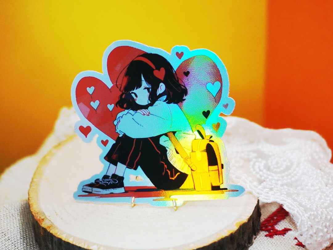 Handmade Cute Holo Vinyl Sticker: Girl Sitting by Her Heart, Perfect ...