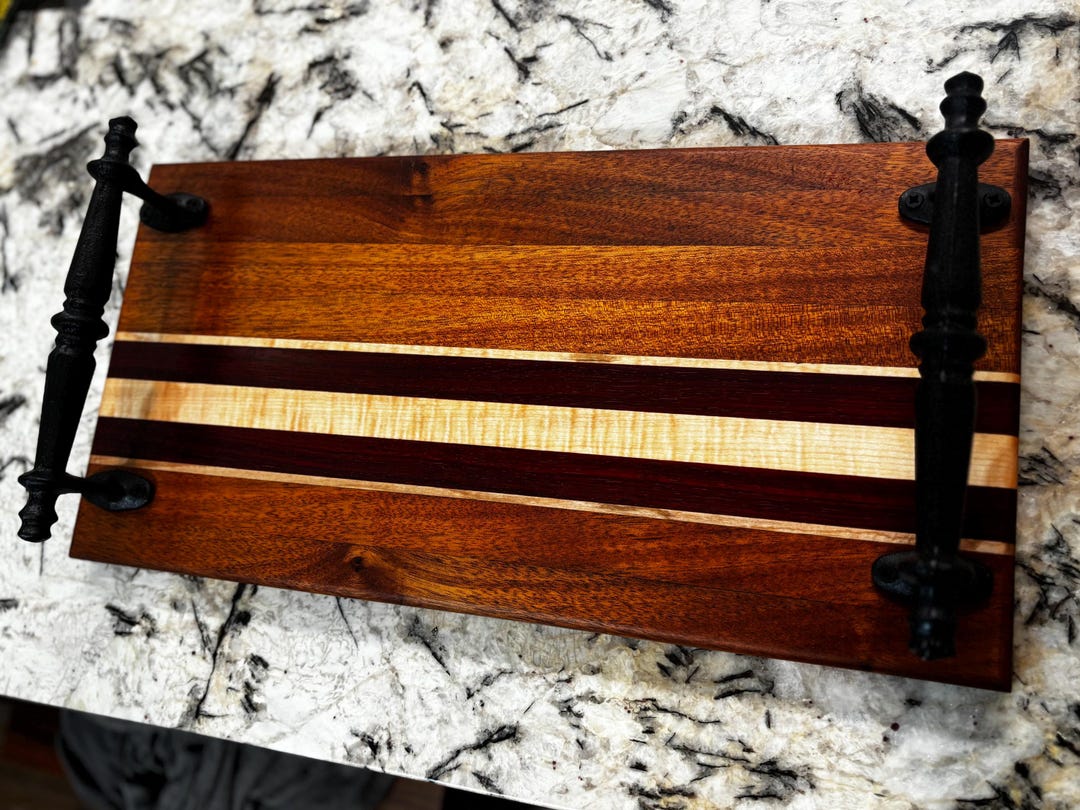Handmade Serving Tray With Iron Handles – African Mahogany, Purpleheart ...